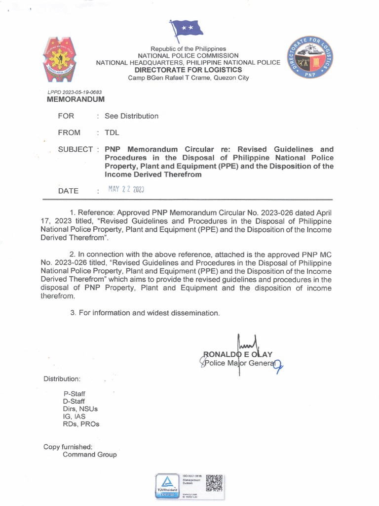 PNP Memorandum Circular Re Revised Guidelines and Procedures in The Disposal of PNP Ppe and The ...