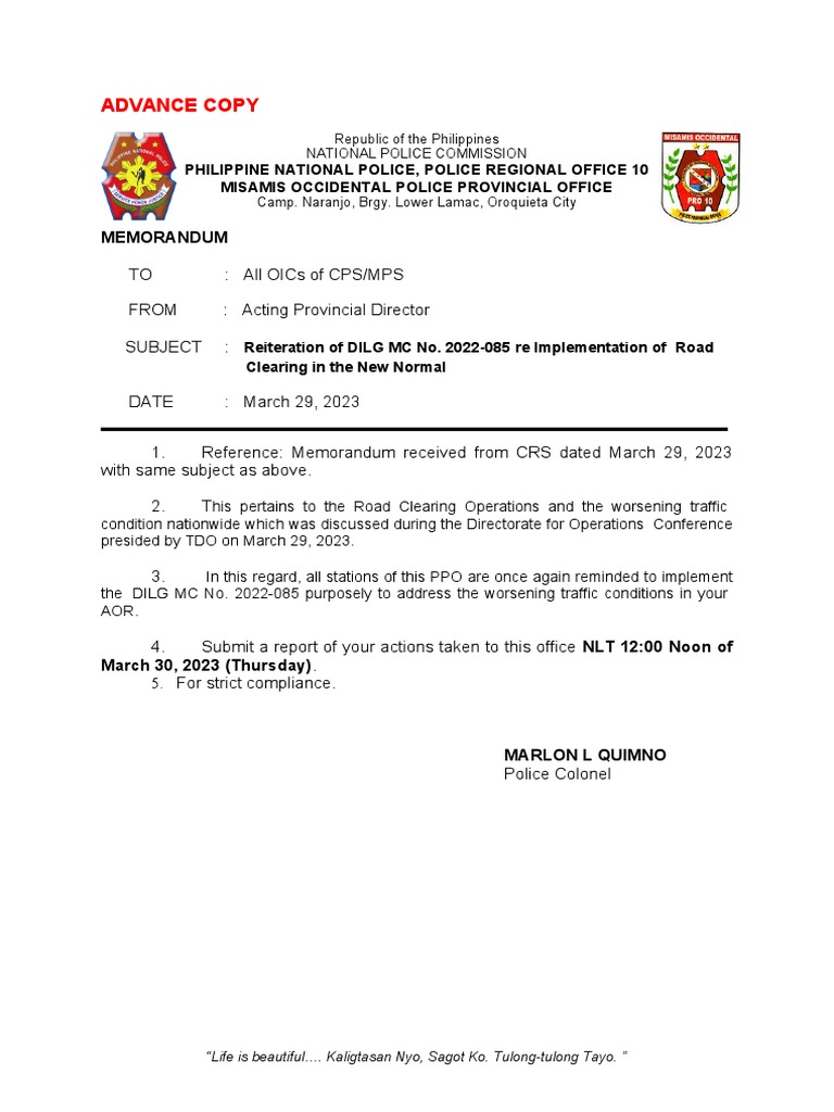 (Corrected) Reiteration of DILG MC No. 2022-085 re Implementation of ...