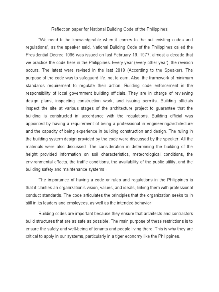Reflection Paper For National Building Code of The Philippines | PDF