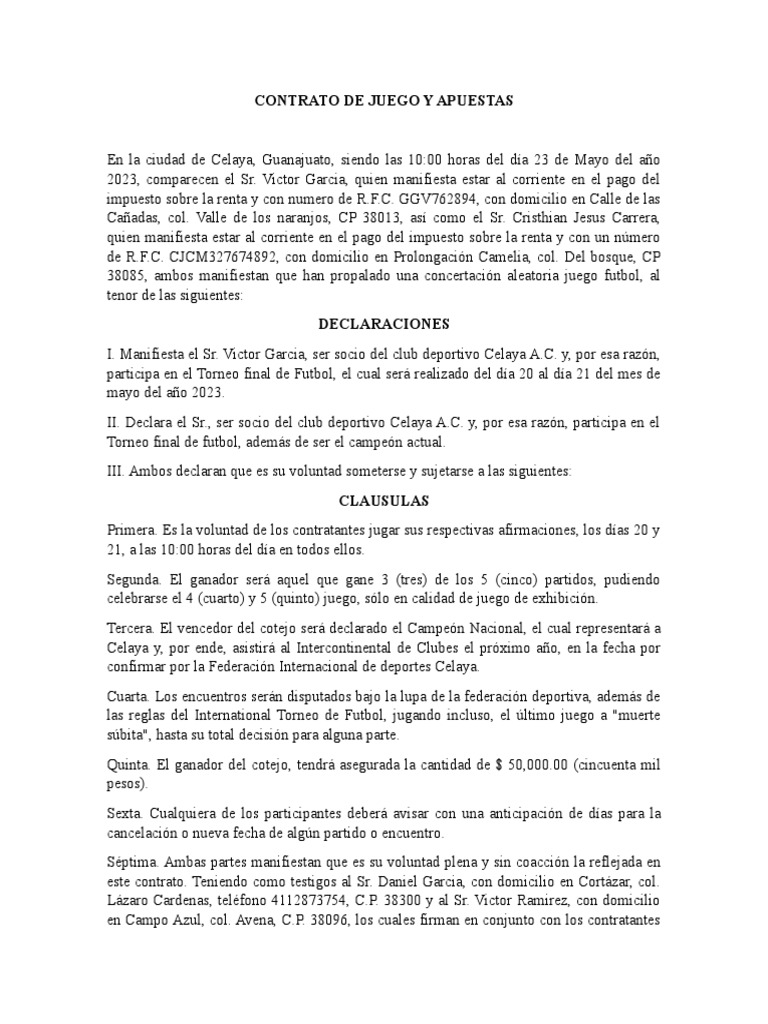 CONTRATO DE JUEGO Y APUESTAS | PDF