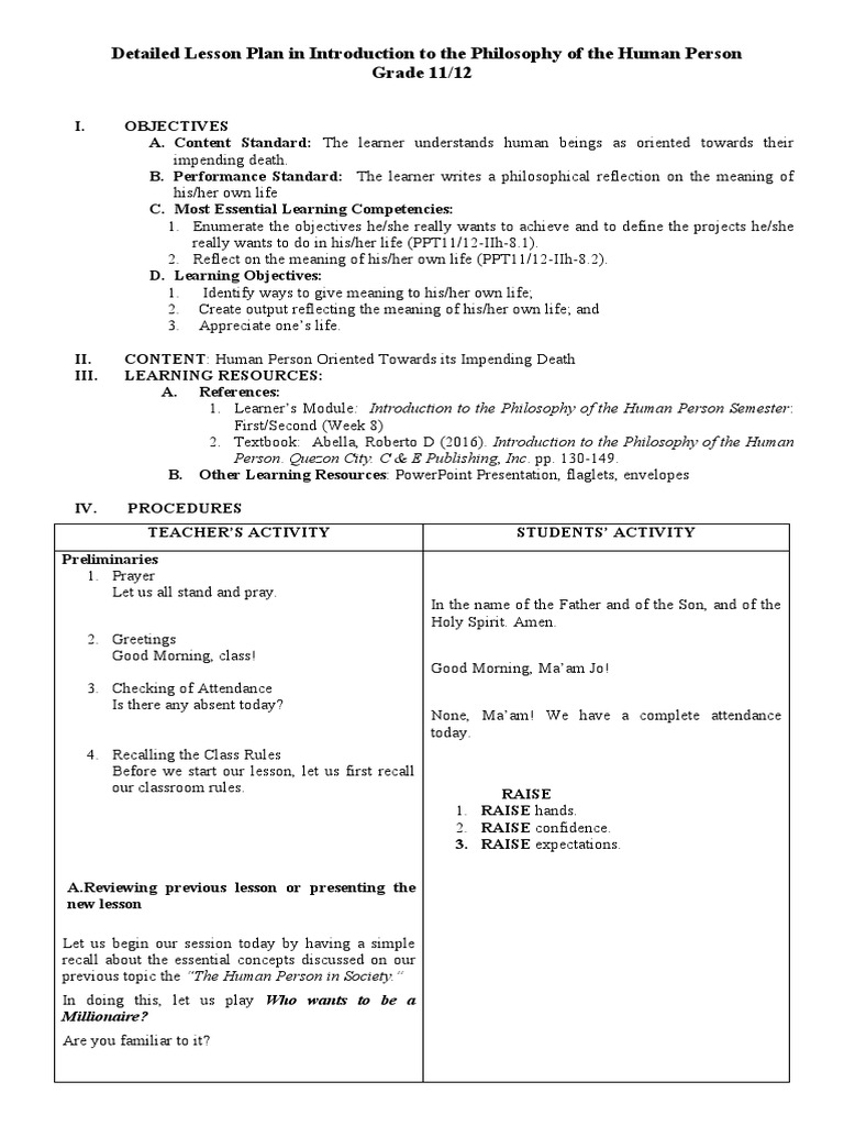 Detailed Lesson Plan in Introduction To The Philosophy of The Human ...