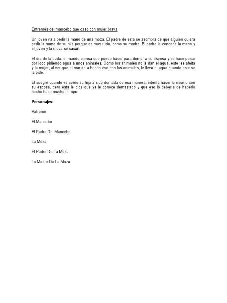 Entremés Del Mancebo Que Caso Con Mujer Brava | PDF