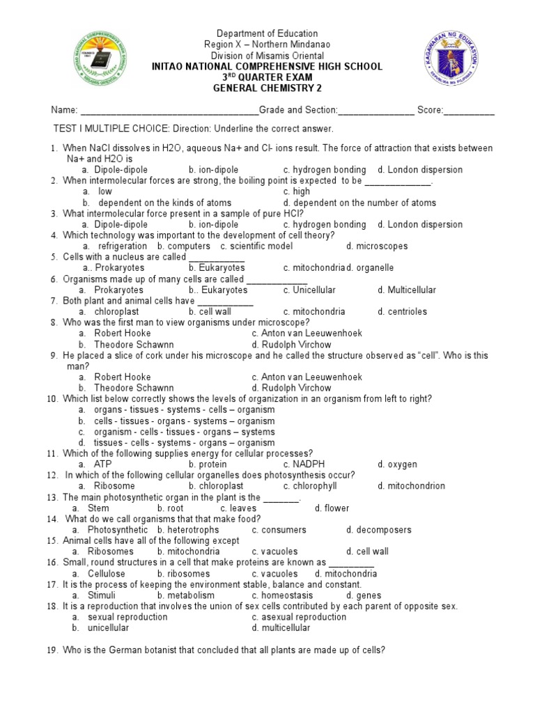 3rd Quarter Exam Gen Chem 2 | PDF