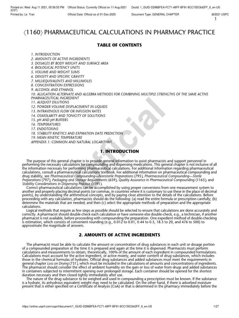 〈1160〉 PHARMACEUTICAL CALCULATIONS IN PHARMACY PRACTICE | PDF | Mass ...