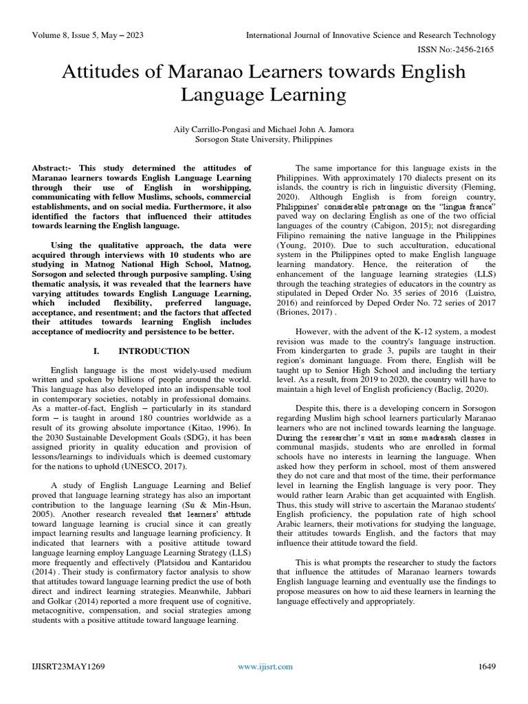 Attitudes of Maranao Learners Towards English Language Learning | PDF | Learning | Attitude ...