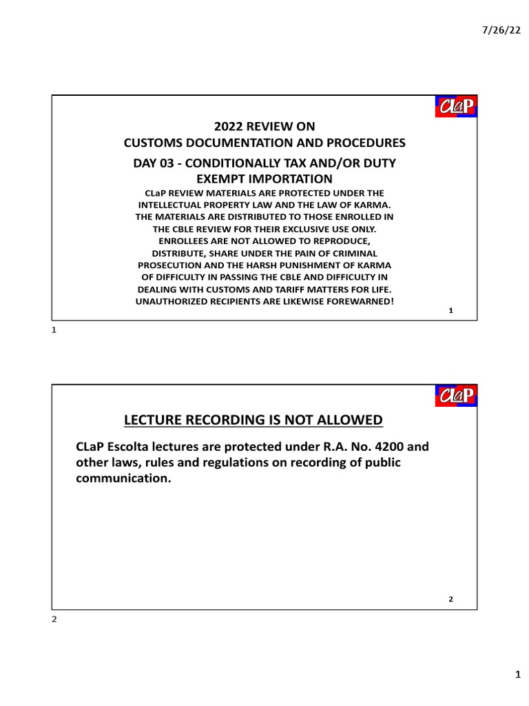 CDP DAY 03 READING Conditionally Free Importation | PDF | Taxes | Customs CDP DAY 03 READING Conditionally Free Importation | PDF | Taxes | Customs