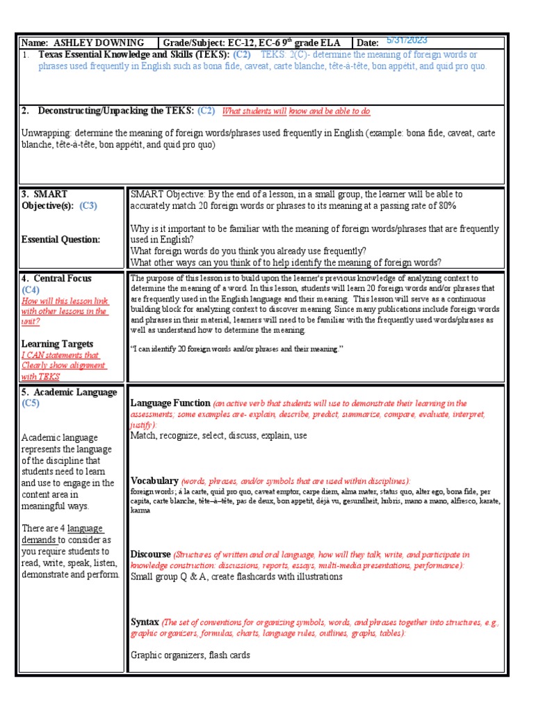 Downing Lesson Plan Guide LPG | PDF | Learning | Vocabulary