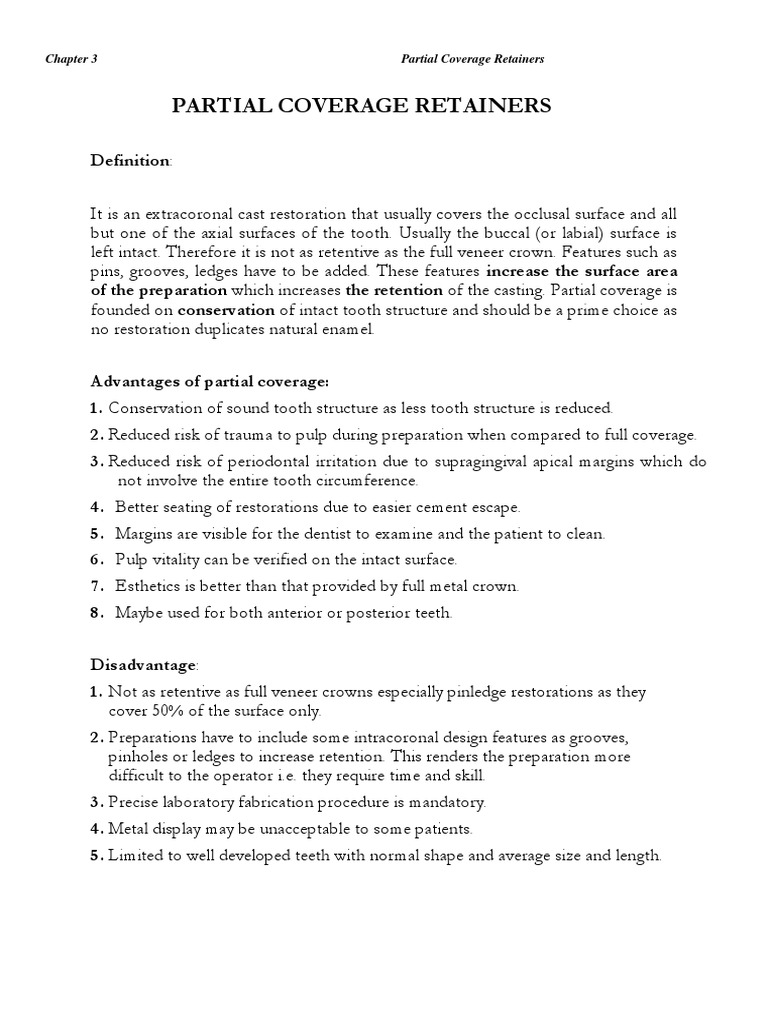 CH 3 Partial Coverage Retainers | PDF | Dentistry | Tooth