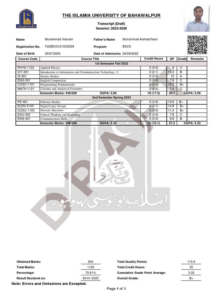 BSCS Transcript Draft 2022-2026 | PDF | Course Credit