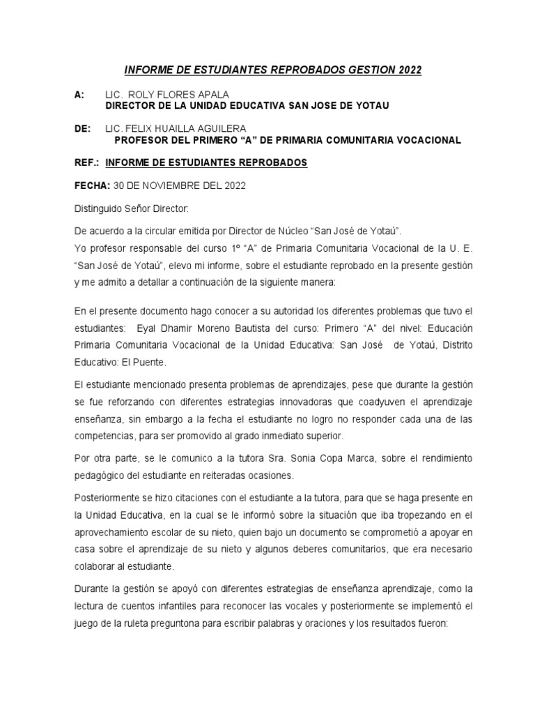 Informe de Estudiantes Reprobados 2022 | PDF | Maestros | Aprendizaje