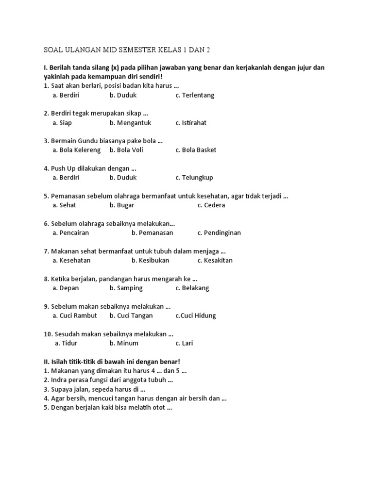 Soal Ulangan Mid Semester Kelas 1 Dan 2 | PDF | Olahraga & Rekreasi ...