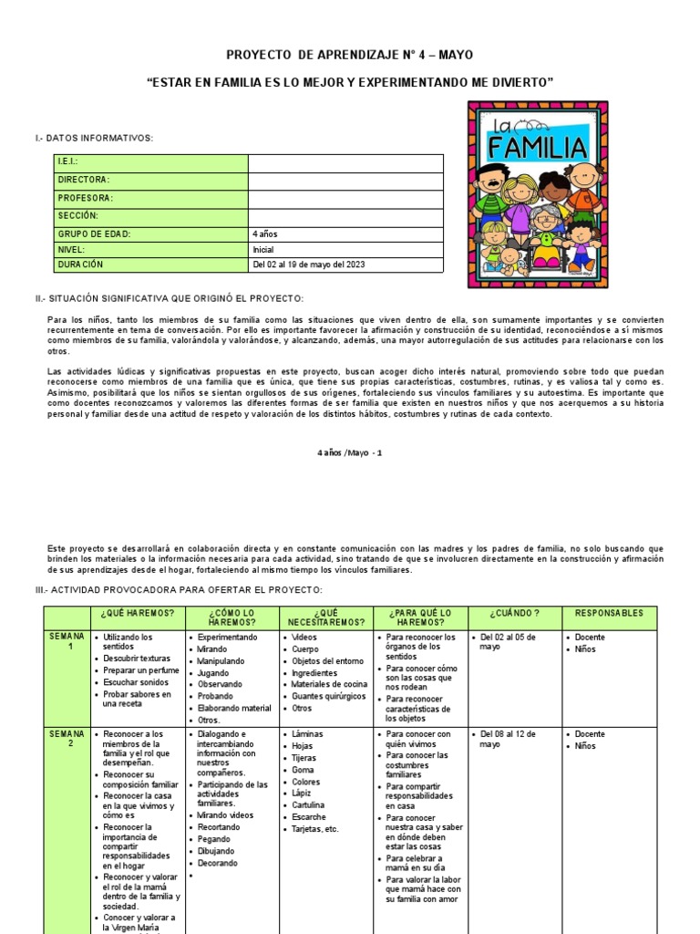 4 Años - Proyecto de Aprendizaje N°04 | PDF | Familia | Información