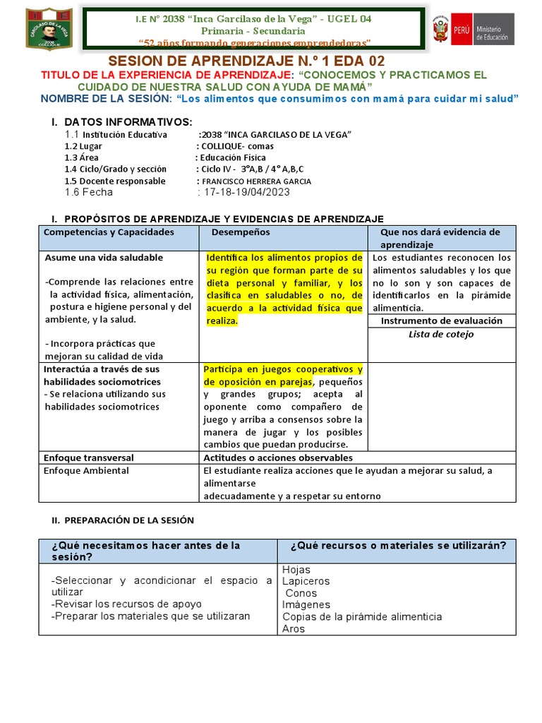 Sesion 1 EDA 2 IV CICLO | PDF | Alimentos | Aprendizaje
