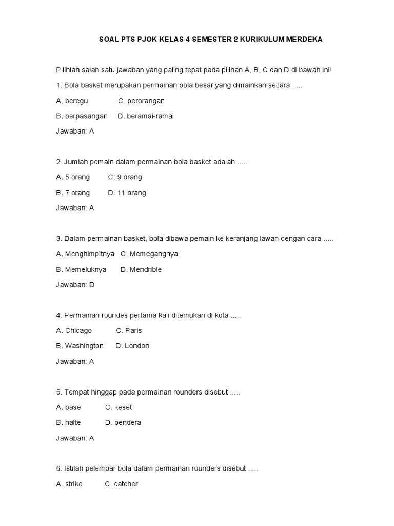 Soal PTS Pjok Kelas 4 Semester 2 Kurikulum Merdeka-1 | PDF