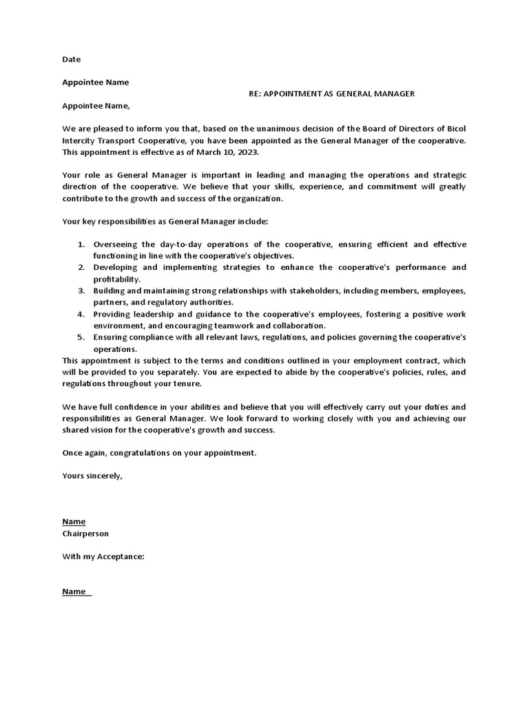 Appointment Paper For General Manager 2021 To 2023 | PDF | Business