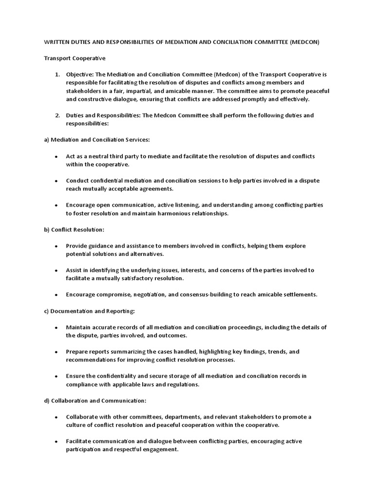 Written Duties and Responsibilities of Mediation and Conciliation Committee (Medcon) 2021 To ...