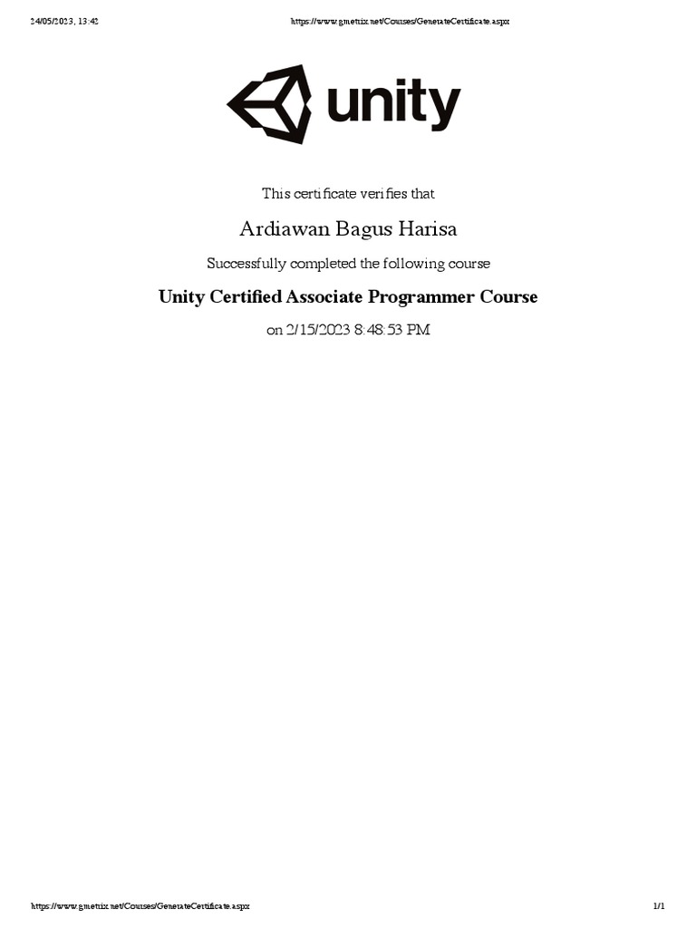 Unity Associate Programmer Course Certificate | PDF | Computers | Business