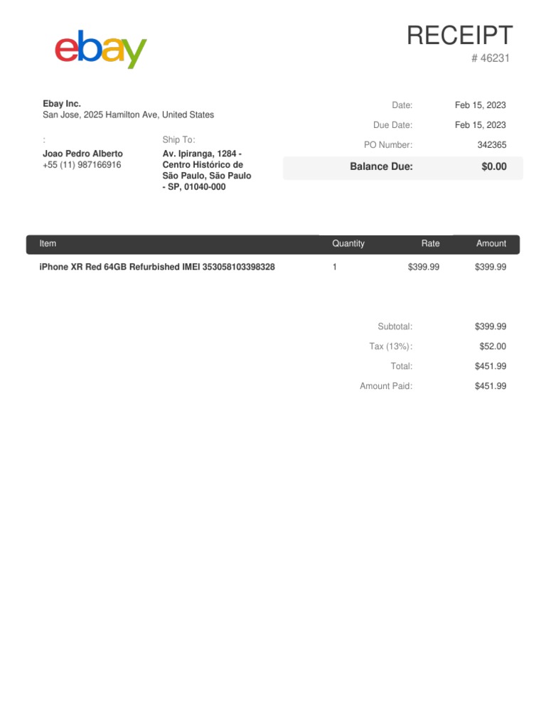 Invoice # 462321 | PDF | E Bay | Receipt