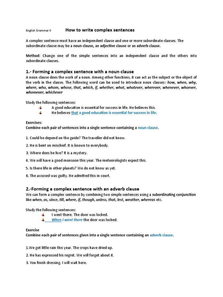 Guide How To Write Complex Sentences | PDF | Clause | Sentence ...