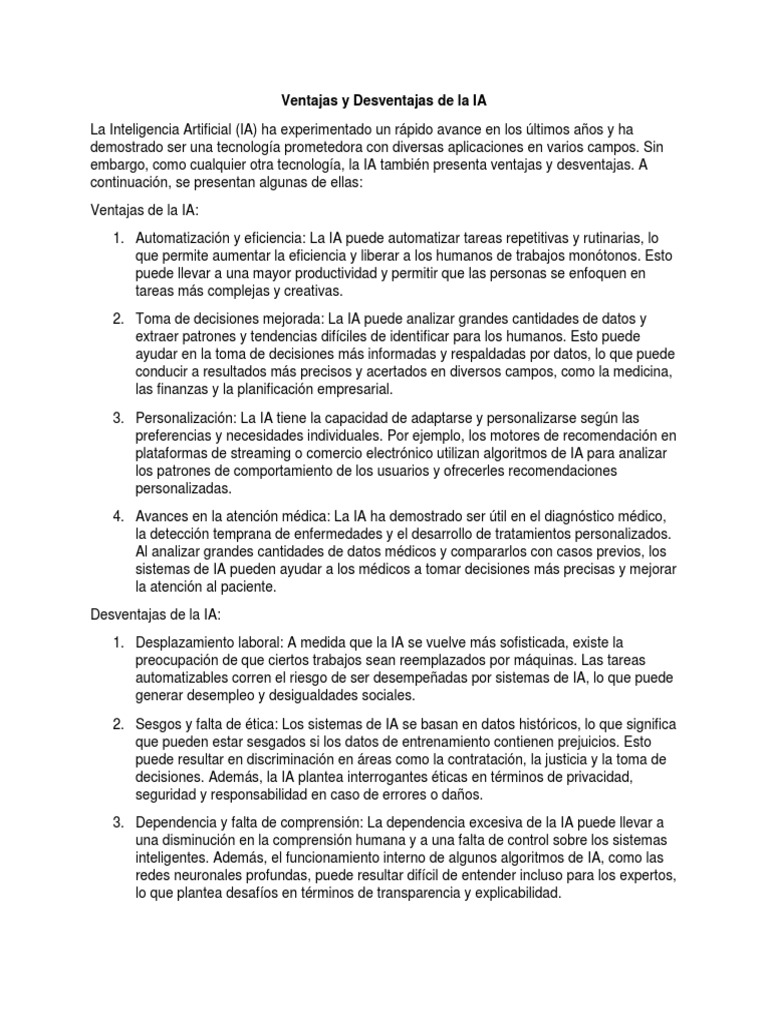 Ventajas y Desventajas de la IA | PDF | Inteligencia artificial ...