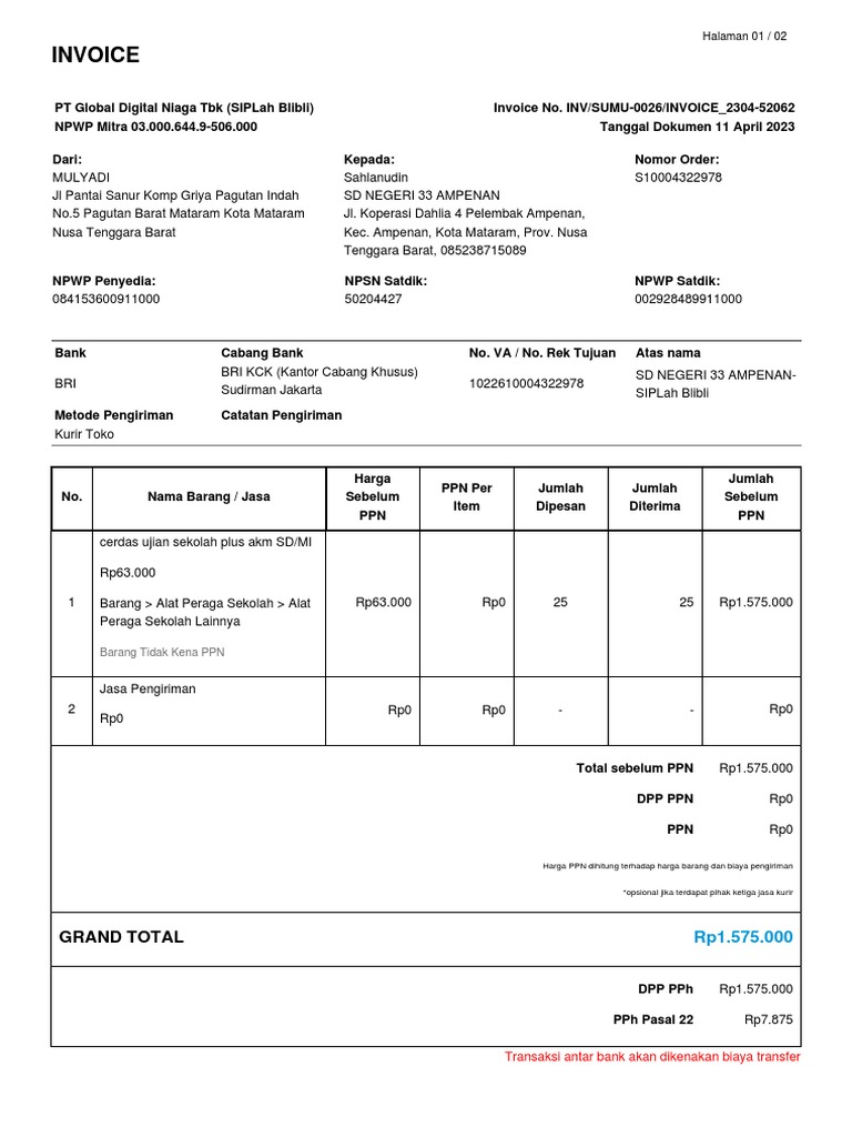 Invoice Pembelian Alat Peraga Sekolah | PDF