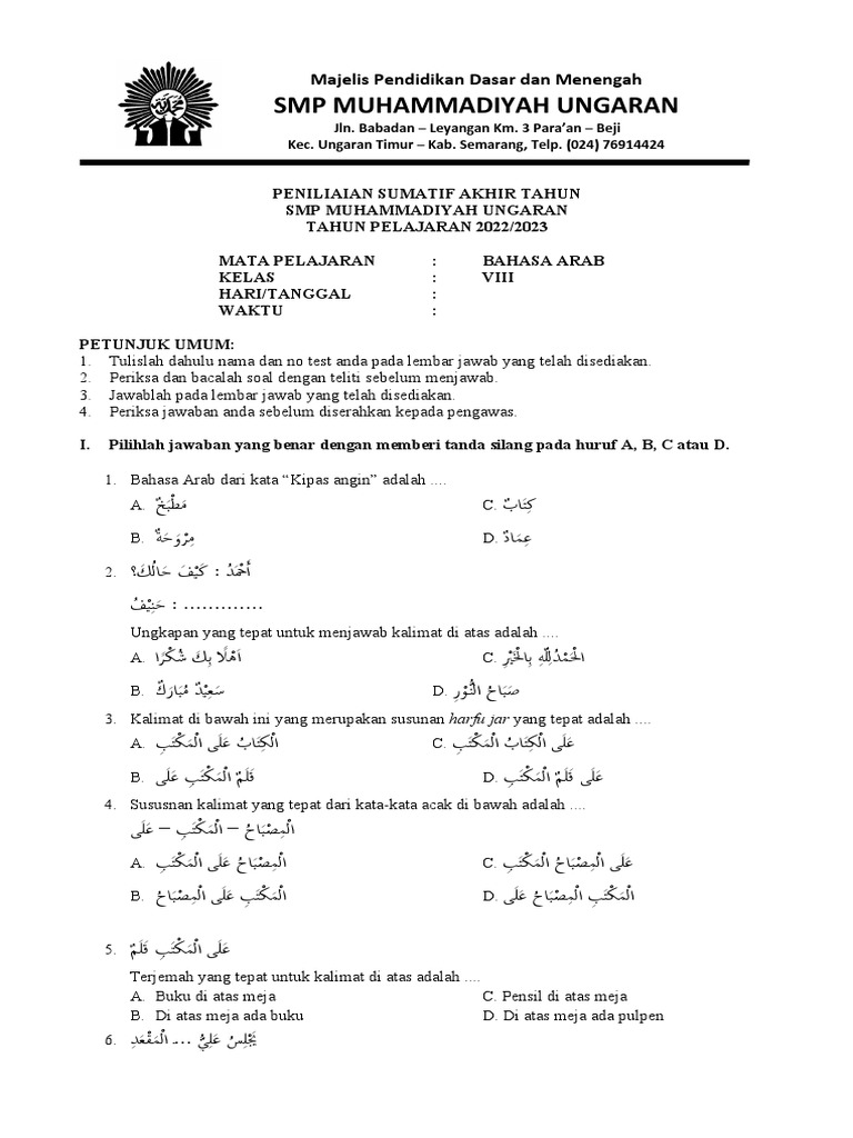 Ujian Bahasa Arab Kelas VIII | PDF