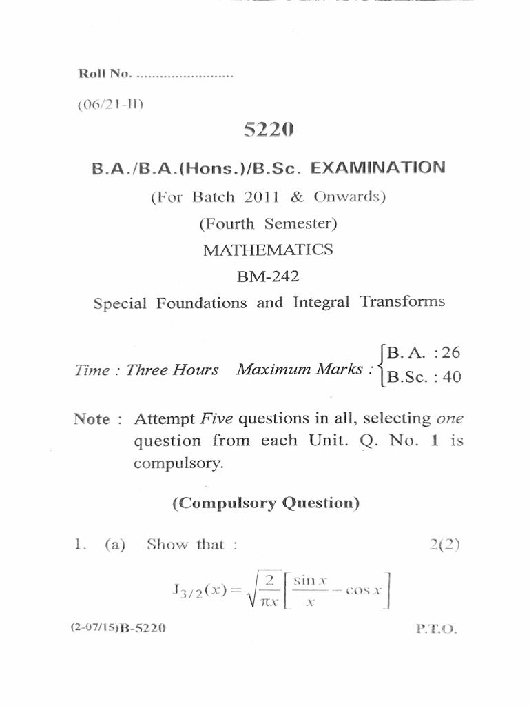 Ba BSC 4 Sem Mathematics Special Foundations and Integral Transforms 5220 2021 | PDF | Laplace ...