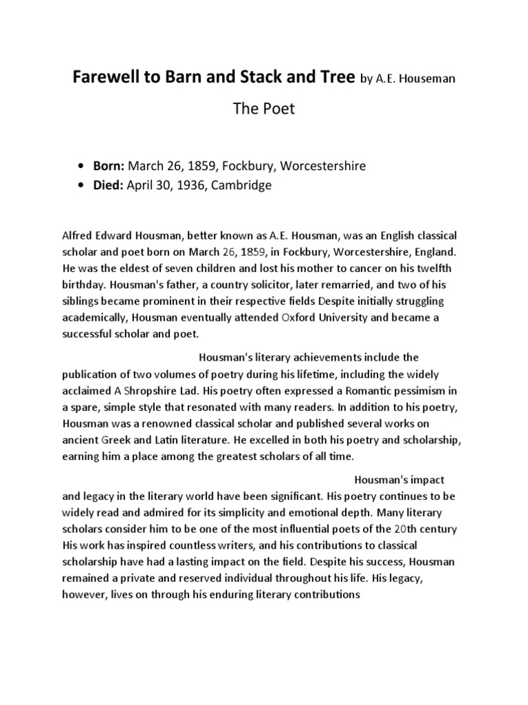 Farewell To Barn and Stack and Tree by A.E Houseman | PDF