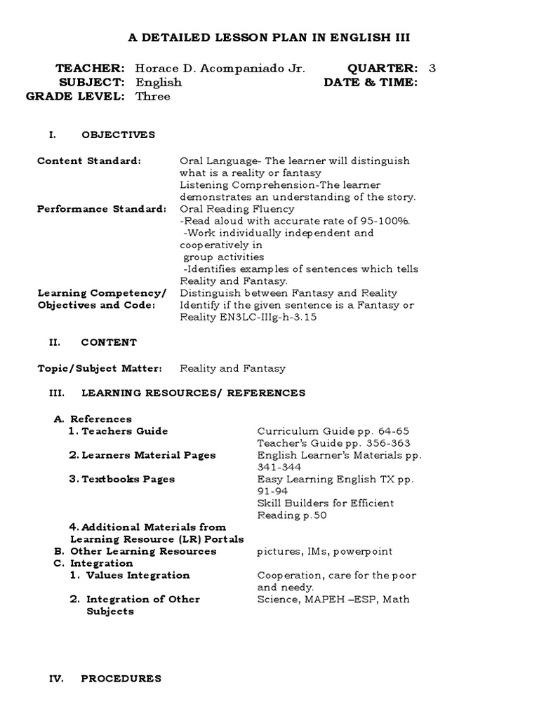 Grade 3 English Lesson Plan: Reality vs. Fantasy | PDF | Lesson Plan ...