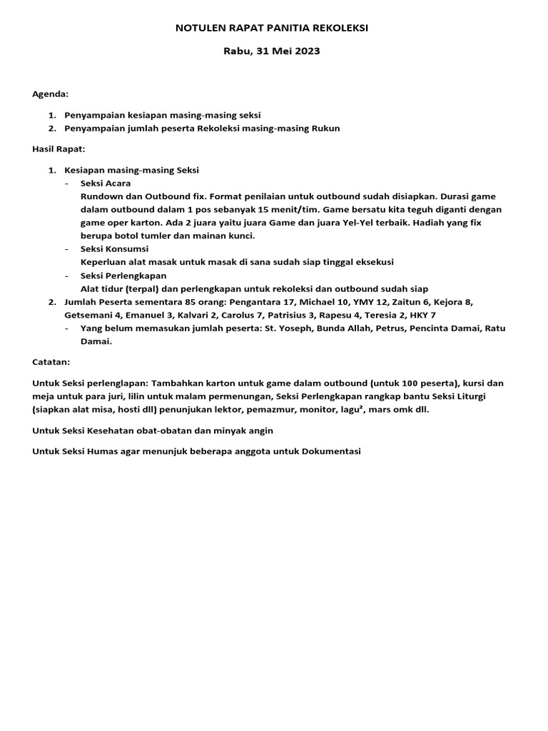 Notulen Rapat Panitia Rekoleksi | PDF
