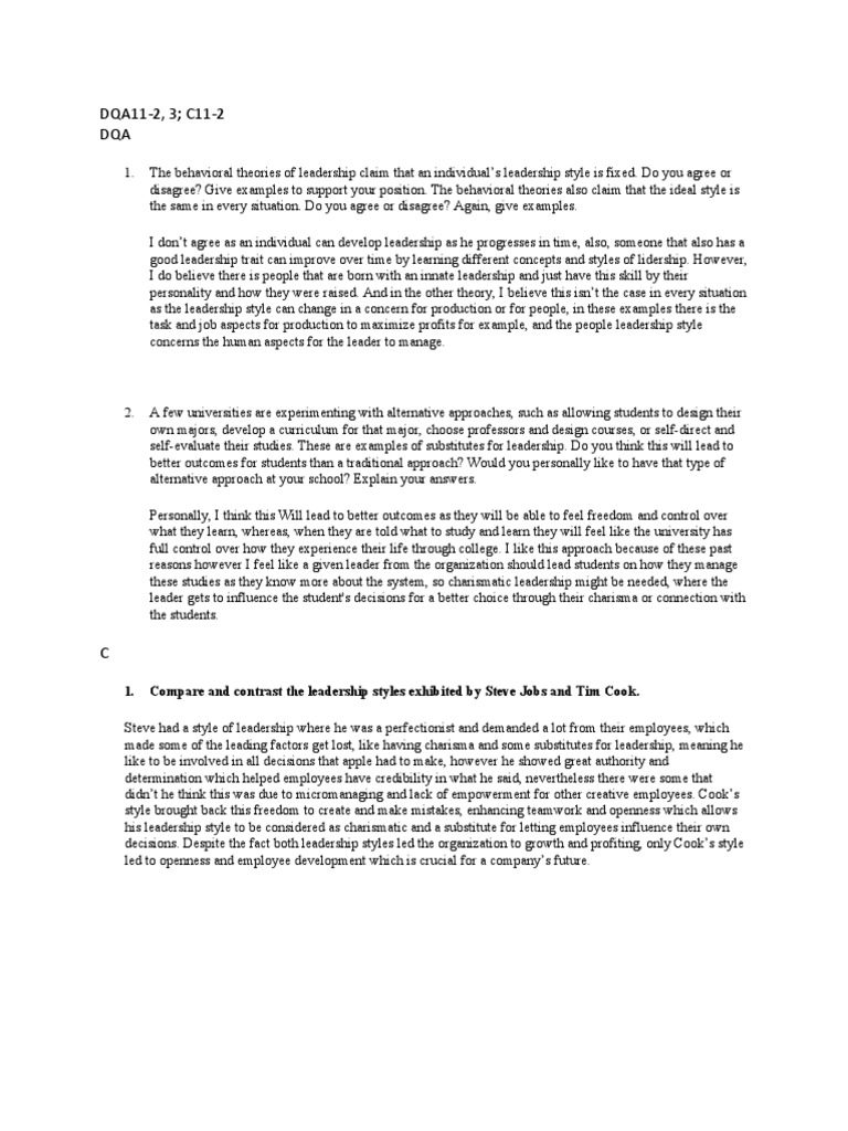 DQA11-2, 3 C11-2 DQA: Compare and Contrast The Leadership Styles Exhibited by Steve Jobs and Tim ...