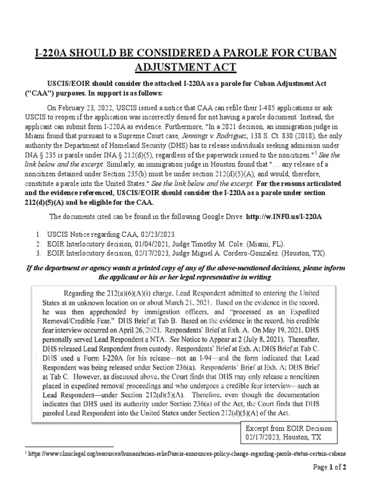 I-220A as Parole for Cuban Adjustment | PDF | Law