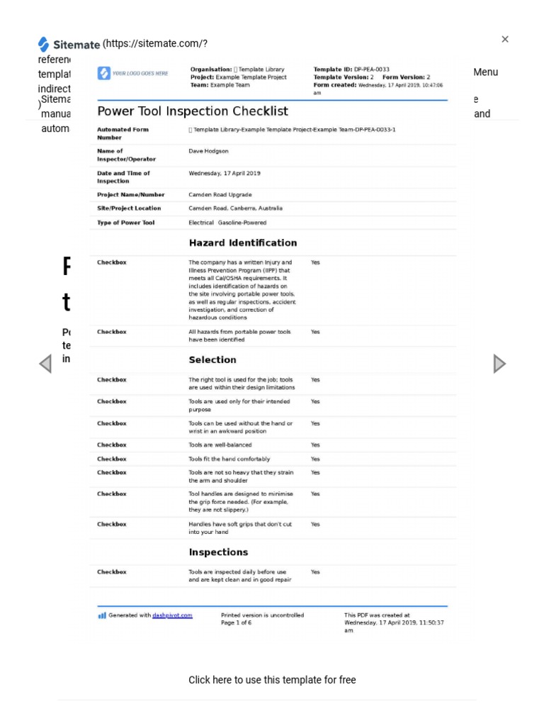 Power Tool Inspection Checklist Template (Free and Edtaible Form) | PDF ...