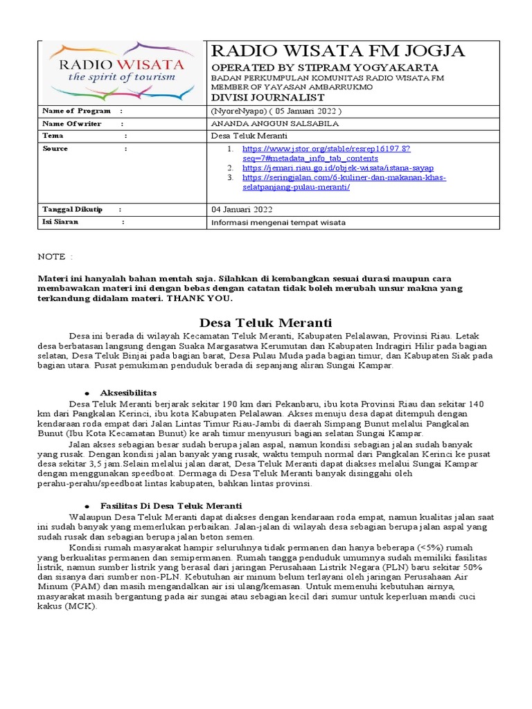 Wisata dan Kuliner Desa Teluk Meranti | PDF