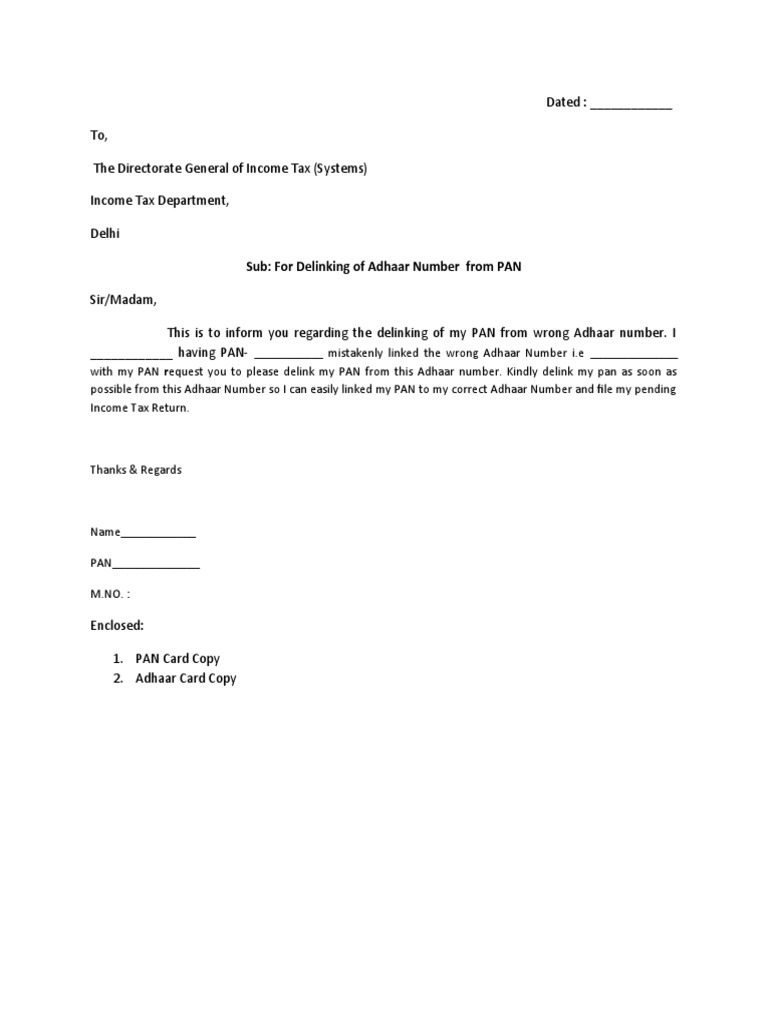 Delink Aadhaar from PAN Request Letter | PDF