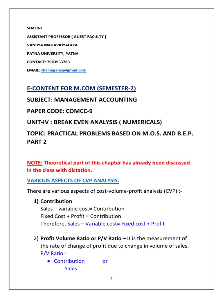 Shalini Chaurasia Break Even Analysis Part 2 New Converted M.Com. Sem.-II Management Accounting ...