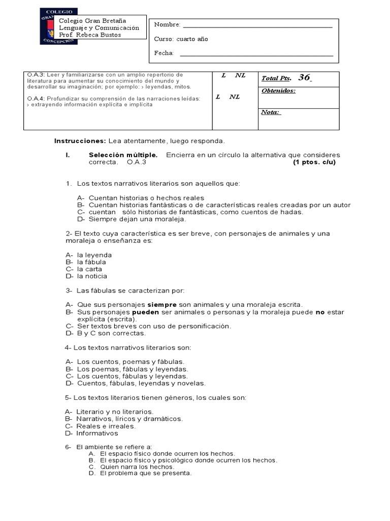 Prueba de Textos Narrativos Cuarto 1 | PDF | Fábula | Leyendas