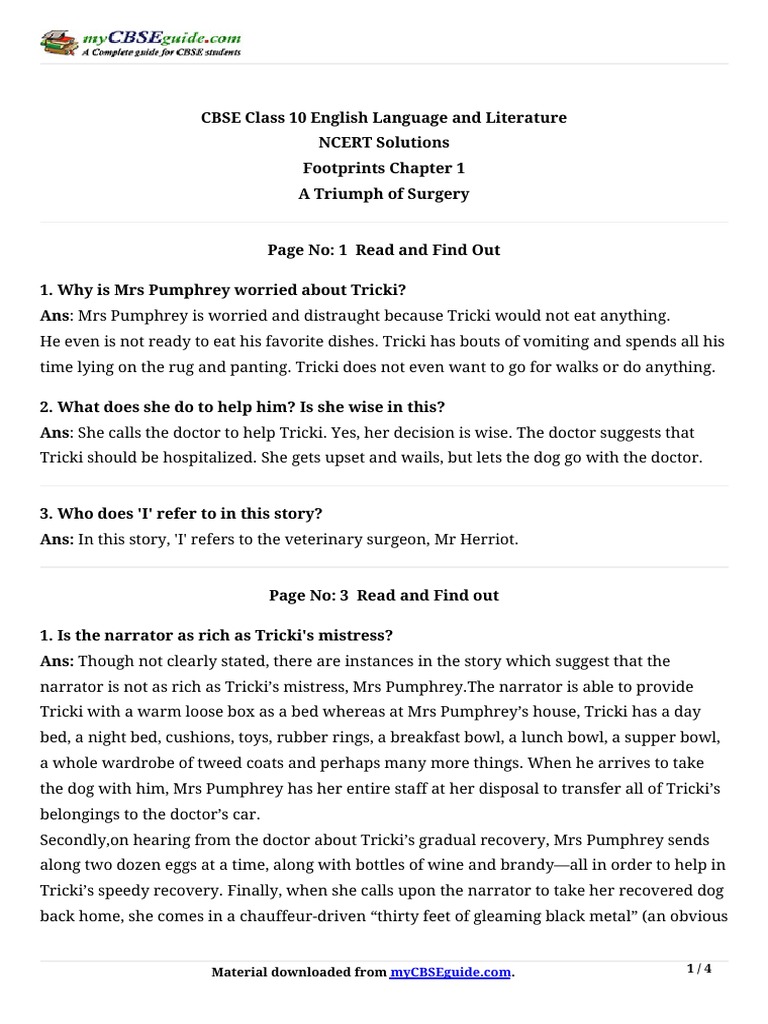 10 English Ncert Footprint Without Feet ch01 A Triumph of Surgery Qes ...