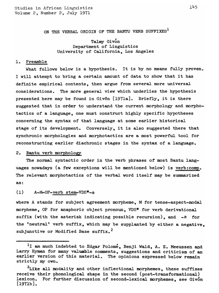 On The Verbal Origin of The Bantu Verb Suffixes | PDF | Verb | Syntax