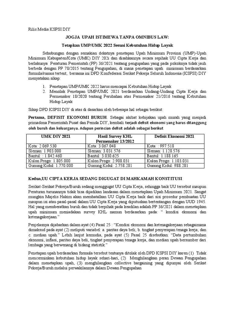 Rilis KSPSI DIY UM 2022 | PDF | Ilmu Sosial