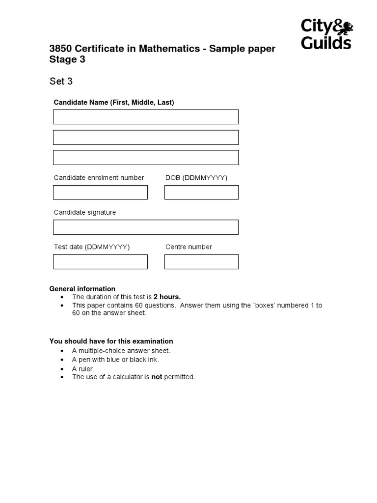 3850 - Mathematics - Stage - 3 - Question - Paper - Sample 3 | PDF ...