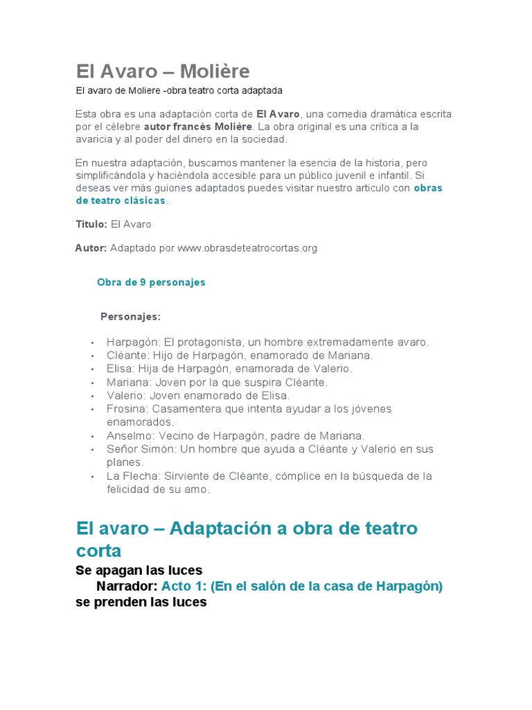 Obra Corta El Avaro | PDF | Clásicos