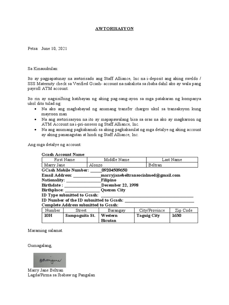 Filipino-Authorization To Deposit (Gcash) | PDF