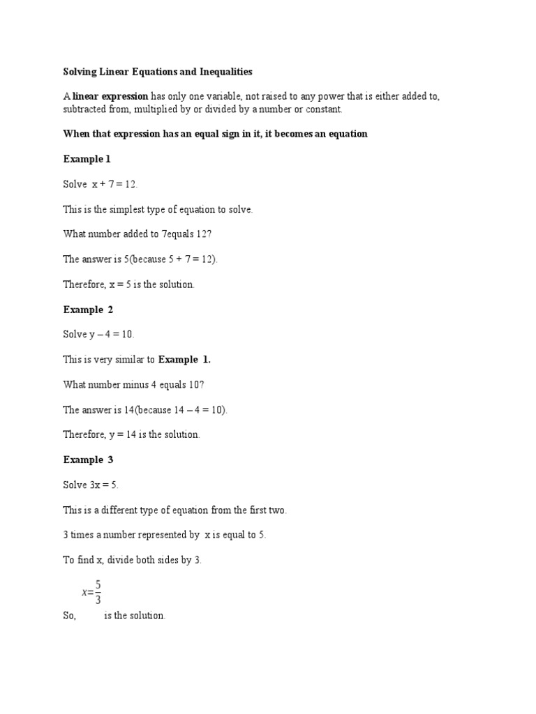Solving Linear Equations & Inequalities | PDF | Equations | Inequality ...