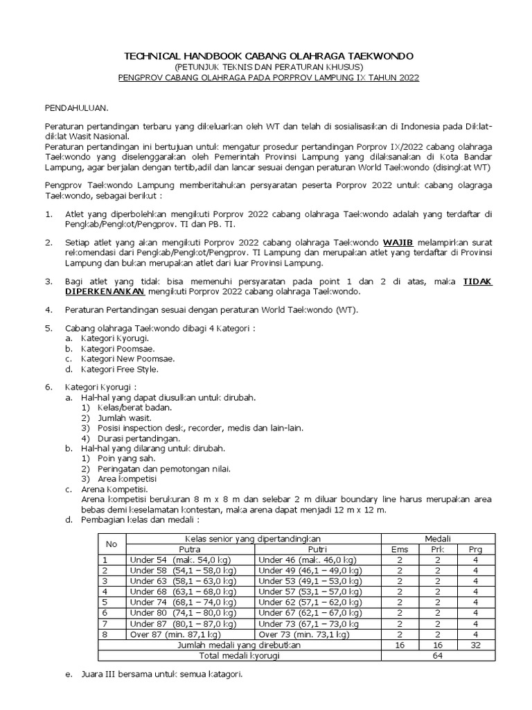 Peraturan Taekwondo Porprov Lampung 2022 | PDF
