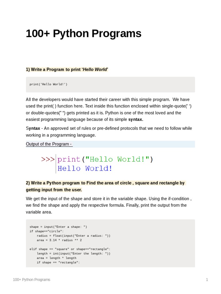 100 Python Programs | Download Free PDF | Area | Python (Programming ...