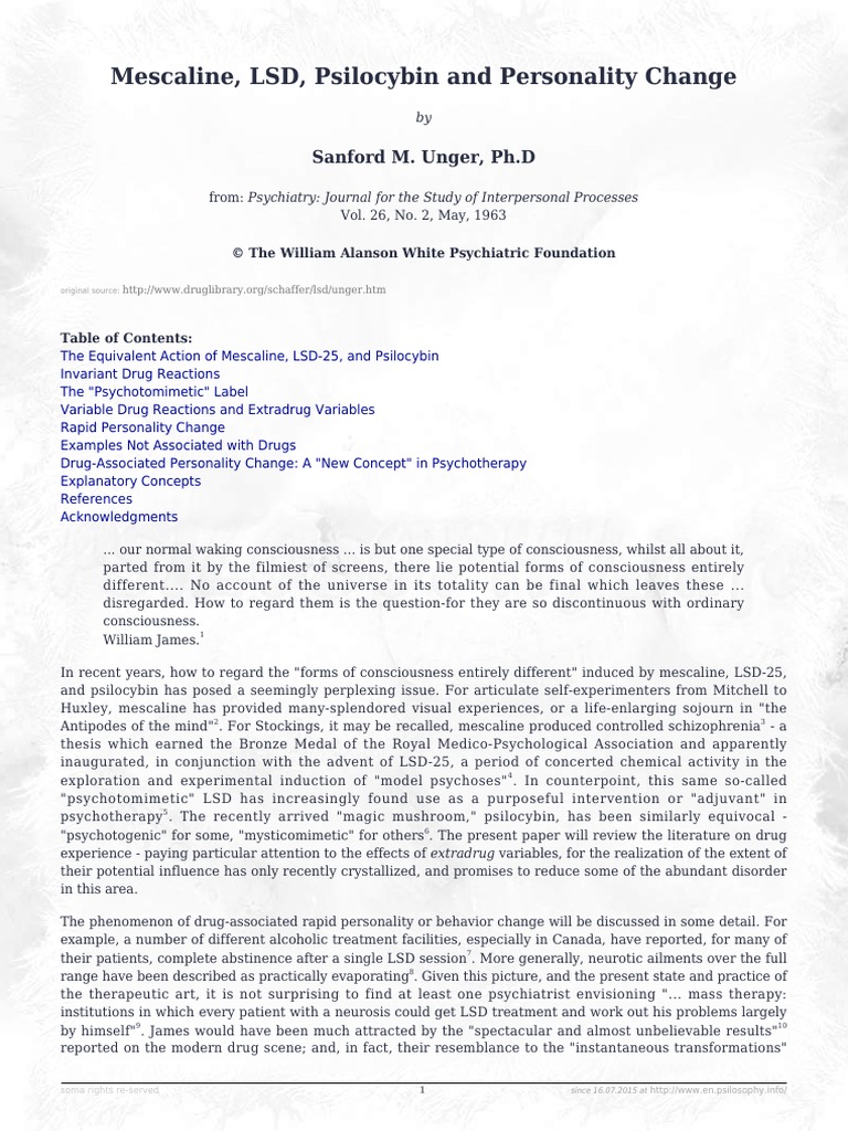 Unger, Sanford. 1963. Mescaline - LSD - Psilocybin - and - Personality - Change - (Psilosophy ...