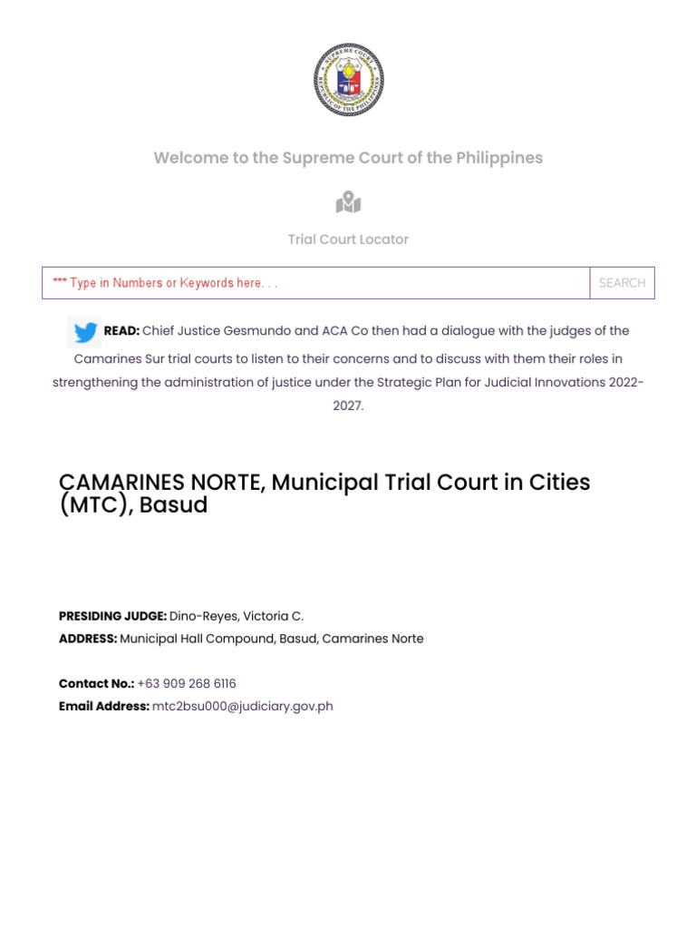 CAMARINES NORTE, Municipal Trial Court in Cities (MTC), Basud - Supreme ...
