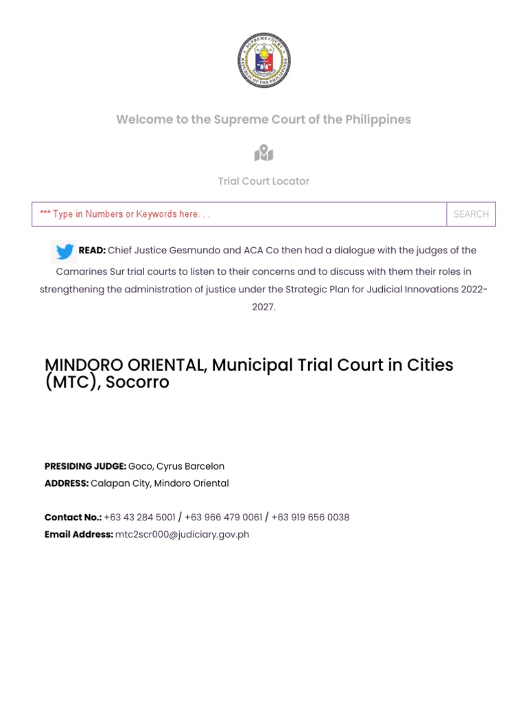 MINDORO ORIENTAL, Municipal Trial Court in Cities (MTC), Socorro ...