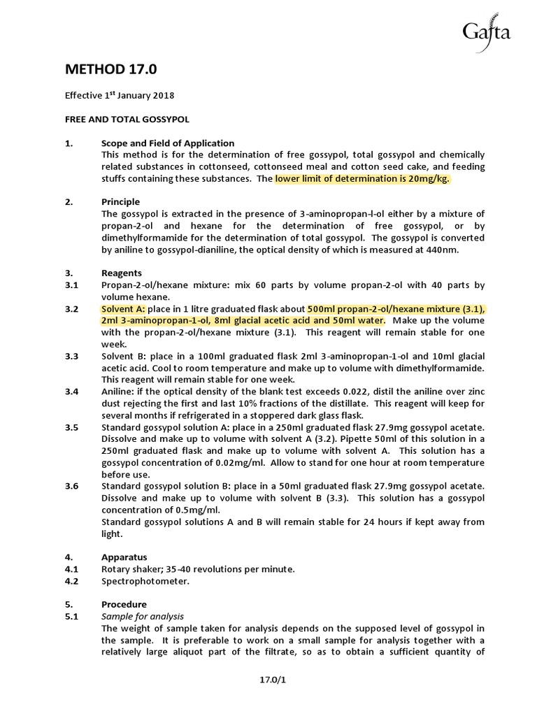 GAFTA Protocol METHOD - 17.0 - FREE - AND - TOTAL - GOSSYPOL | PDF